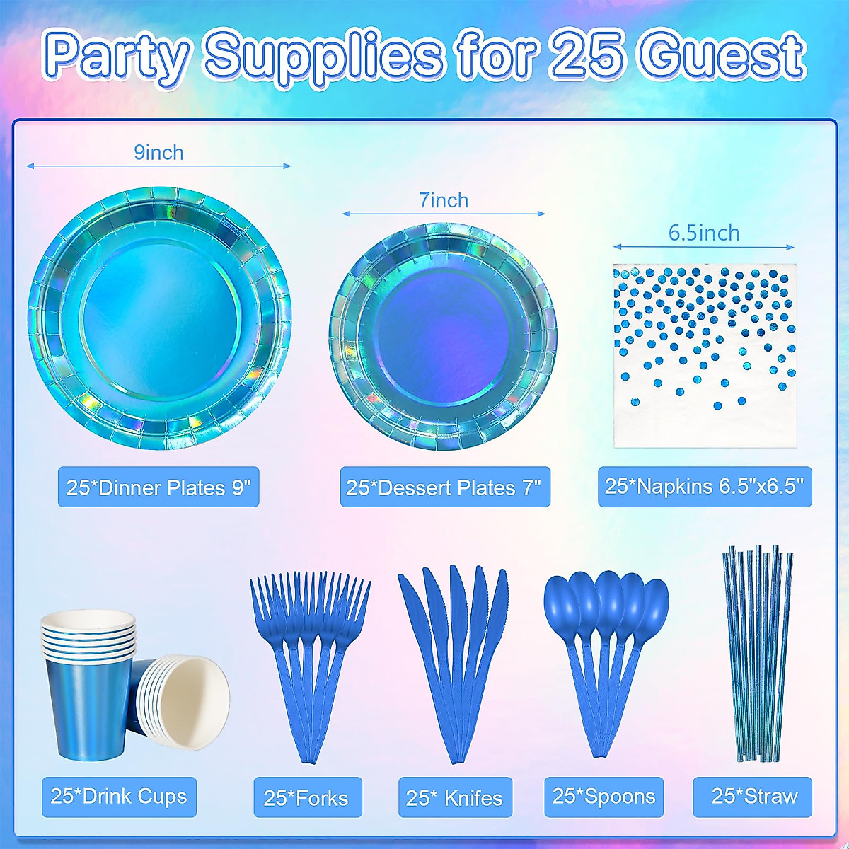 Iridescent Blue Party Supplies Decorations Serve 25, Holographic Blue Paper Plates and Napkins, Disposable Iridescent Party Plates Cups Napkins for Wedding Anniversary Birthday Bridal Shower Party