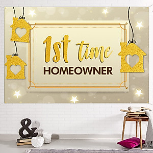 1st Time Homeowner Backdrop Banner Decor Gold Glitter – Housewarming Party Theme Decorations for Men Women Baby Shower Supplies