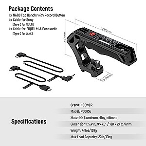 NEEWER NATO Top Handle with Record Button, Comfort Silicone Grip with QR NATO Clamp, 3/8" ARRI Locating Hole, Cold Shoes 1/4" Threads Compatible with Sony A7 ZV1 Panasonic S5 II FUJIFILM X-T5, PG005E