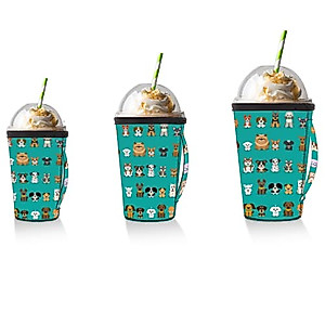 Animal Dogs Reusable Iced Coffee Cup Sleeve With Handle Neoprene Ice Insulator Coffee Cup Sleeve Drink Holde Small 18-20 oz for Coffee Cups Beverages Water Bottle