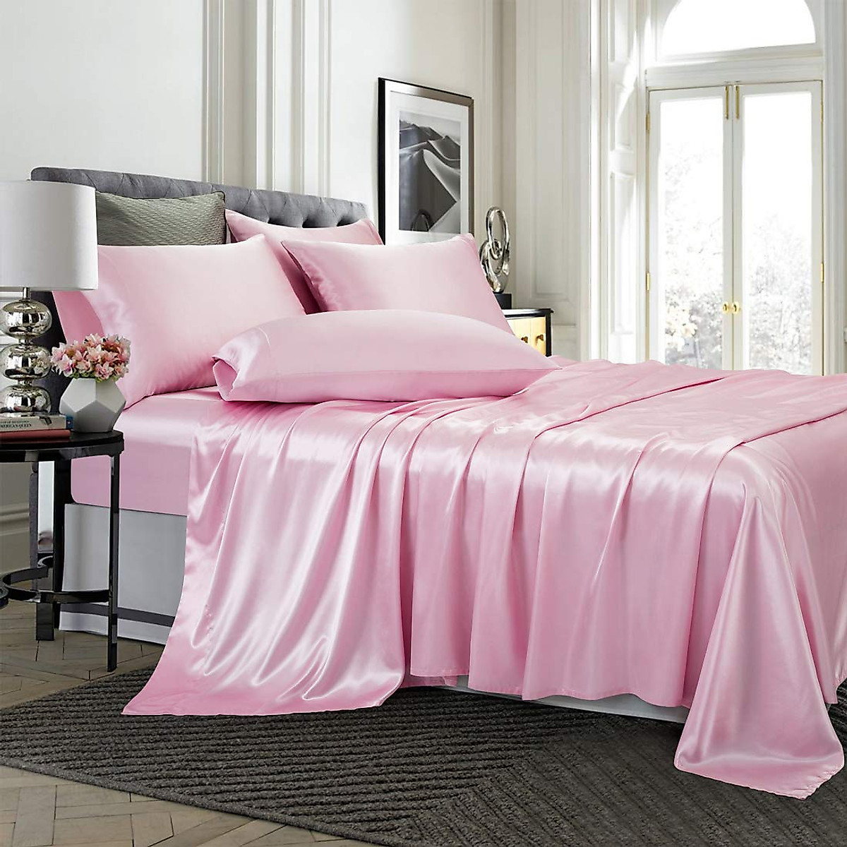 TREELY 4 Piece Satin Sheets Twin Size - Silky Smooth Pink Sheet Set With Deep Pocket, Fitted Sheet, Flat Sheet, 2 Pillowcases