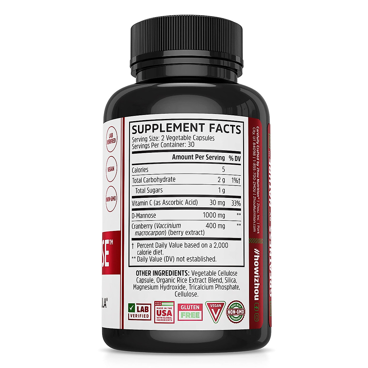 Zhou Nutrition Cran Defense, Cranberry Concentrate Urinary Tract Formula, Flush Out Impurities and Healthy Bladder Support, 3 in 1 Formula - Cranberry Extract, D-mannose, Vitamin C, Multi - 60 Count