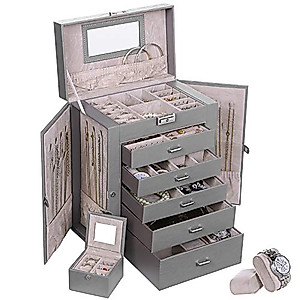 ANWBROAD Large Jewelry Box 6 Tier Jewelry Organizer Box Display Storage Case Holder with Lock Mirror Girls Jewelry Box for Earrings Rings Necklaces Bracelets Gift Faux Leather UJJB004H