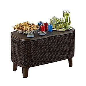 Keter Bevy Bar Indoor Outdoor 17 Gallon 2 in 1 Beverage and Snack Station Pop Up Side Table Bar Cart, Beer and Wine Cooler Storage, Rattan Brown