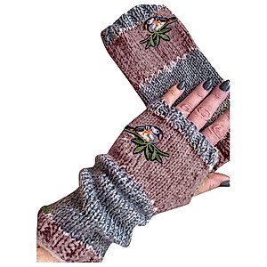 Embroidery Knitted Fingerless Gloves for Women Winter Warm Mittens for Cold Weather (Pink, One Size)