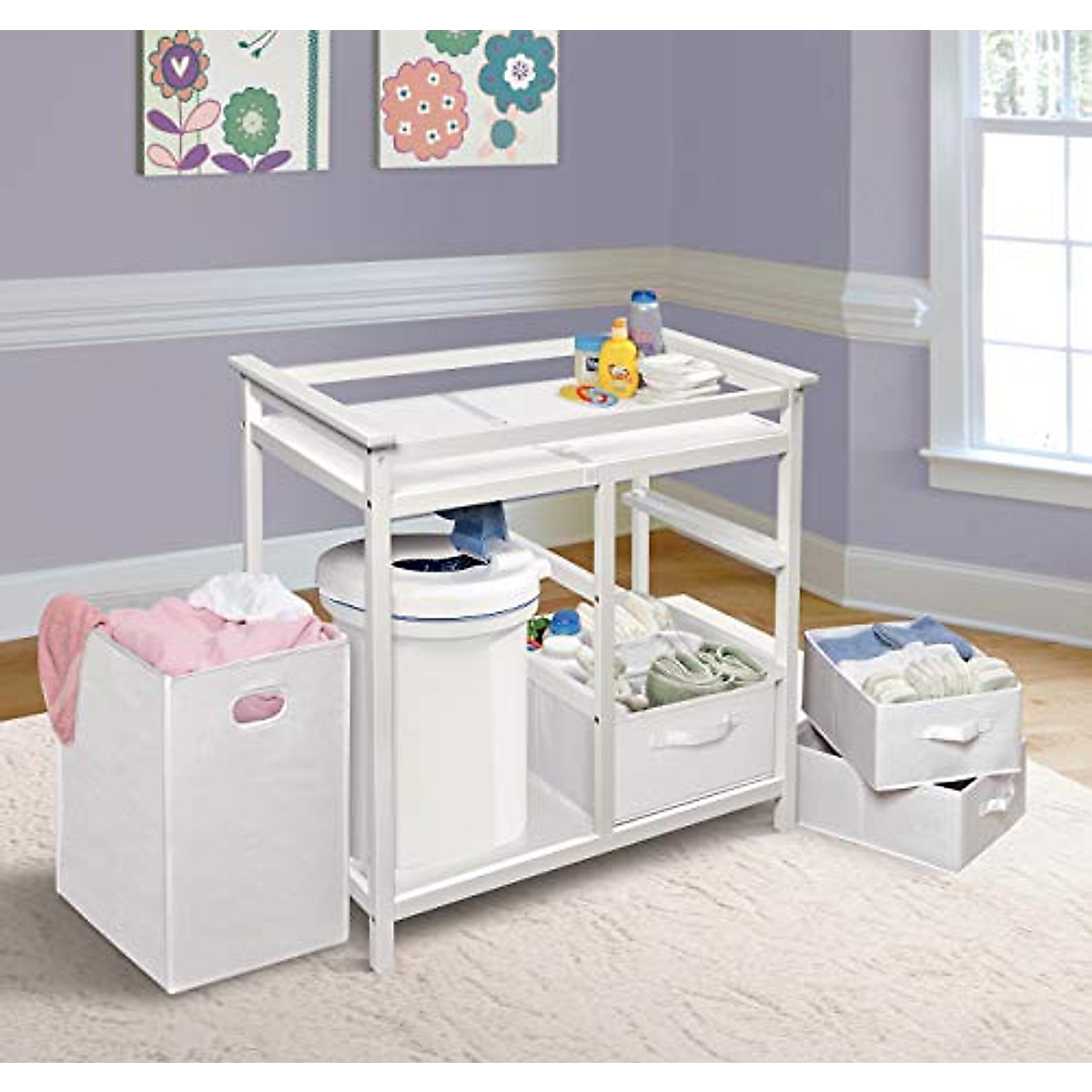 Modern Baby Changing Table with Laundry Hamper, 3 Storage Baskets, and Pad