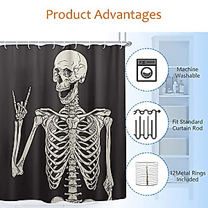 GETTOGET Rock and Roll Skull Skeleton Bone Love Music Shower Curtain Polyester Waterproof, Sugar Candy Skull Day of Dead On Black Backdrop Bath Room Shower Curtain with 12 Hooks