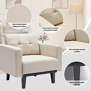 AYEASY Linen Mid-Century Modern Cream Accent Set of 2, Oversized Upholstered Single Sofa Chair Base and Wood Legs, Comfy Living Room Armchairs for Apartment Bedroom Office Study, Ivory/Beige