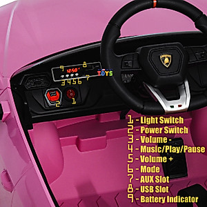 Ride On Toys for Girls – Americas Toys Ride On Cars with Remote Control – 12V Electric Kids Car w/ 4 Wheels Suspension, Open Doors, Lights, Leather Seat, Music, Horn, Compatible with Lamborghini Pink