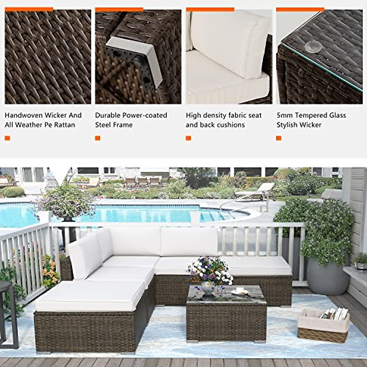 HOMPUS 6-Piece Outdoor Handwoven Sectional Sofa PE Rattan Wicker Couch Corner Conversation Set Furniture Brown Patio Sofa Set w Beige Seat Cushions, Glass Coffee Table for Garden,Yard,Pool