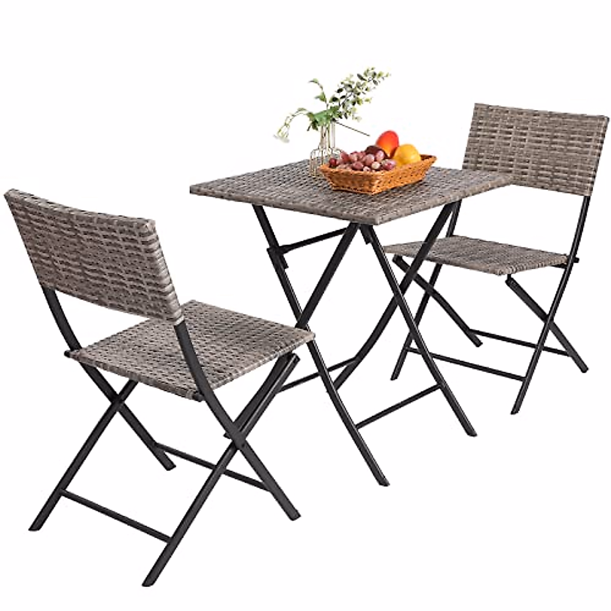 NURTUDIS 3pcs Folding Patio Bistro Set,Outdoor Rattan Bistro Table and Chairs,Wicker Outdoor Chair Furniture Set with 1 Table & 2 Chairs,No Assembly for Garden,Porch,Balcony,Courtyard,Lawn (Grey)