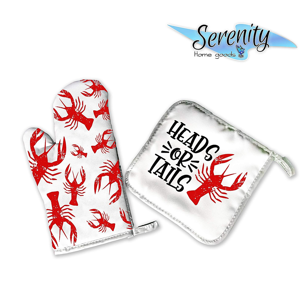 Crawfish Home Decor | Decorative Kitchen Hot Plate Pot Holder Oven Mitt Set | Heads Or Tails | Red White Southern Crawdads Crayfish Bayou Spring Summer Fall | White Home Decor Decorations