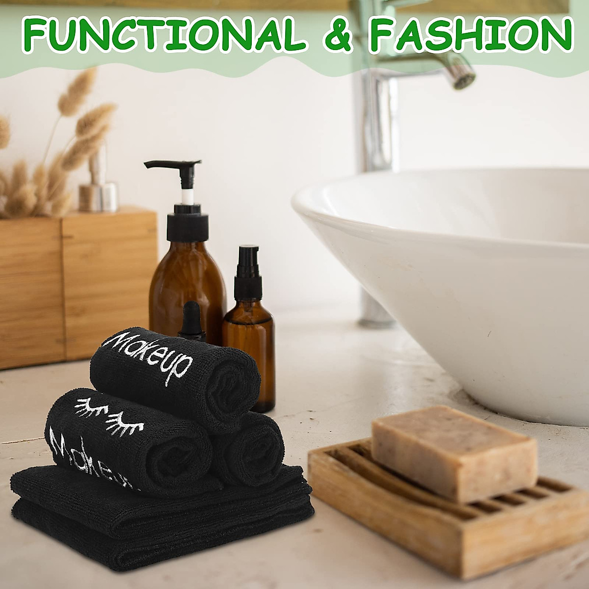 Jadive 20 Pcs Makeup Towels Black 13 x 13 Inches Microfiber Makeup Washcloths Women Makeup Remover Towels Cloth Pads Reusable Face Towels Cleansing Cloth Absorbent Wash Cloth (Cute Style)