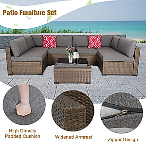 JSUN7 7 Pieces Patio Couch Outdoor Furniture Sets PE Golden Brown Rattan Sectional Conversation Sofa Set Washable Cushions with Glass Coffee Table(Dark Gray)