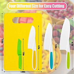 Reaeon 5 Pcs Kids Cooking Sets Real, Montessori Kitchen Tools, Kids Knife Set for Real Cooking, 4 Pcs Children's Safety Cooking Knives, 1 Pc Cutting Board, Serrated Edges Toddler Girl Boy