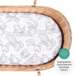 TansyPanda Bassinet Sheets for Baby Delight Snuggle Nest, Chicco LullaGo, Snoo Smart, Fisher Price, 4PC, 30 x 18 Inch, Ultra Soft, Breathable, Snug Fit, Unisex Boys Girls, Gray White (Ocean Fish)