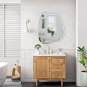 Irregular Oval Wall Mirror Large White 20"x16" Inches Asymmetrical Mirror Modern Wood Frame Unique Shape Wall Mounted Vanity Artistic Mirror Decor for Living Room Bedroom Bathroom Entryway Hallway