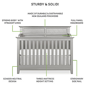 Dream On Me Fairview 4 In 1 Convertible Crib In Silver Grey Pearl, JPMA Certified, 3 Mattress Height Settings, Built Of Durable & Sustainable Pinewood