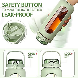 64oz Glass Water Bottles with Straw Time Marker Half Gallon Large Motivational Water Bottle with Silicone Sleeve 2L Big Glass Water Jug Bottle for Gym, Sports, Workout, Daily Green