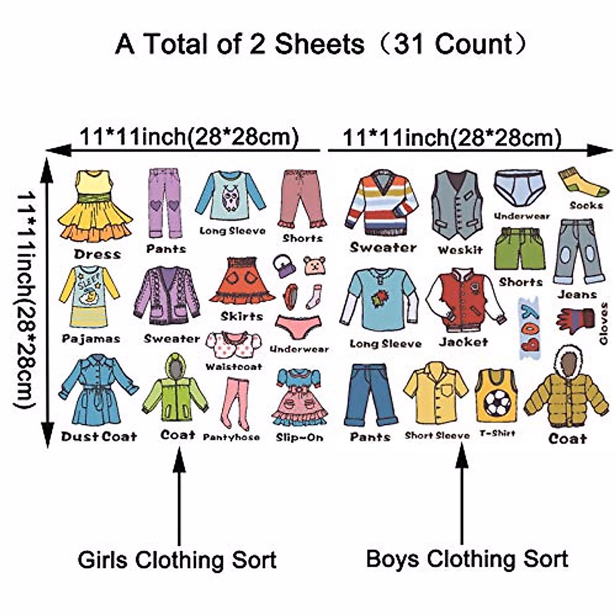 Maydahui 2 Sheets（31 Count） Dresser Clothing Decals 11 * 11inch Boys Girls Clothing Sort Wall Sticker Removable Clothes Classification Label for Wardrobe Drawer Organizing Home Bedroom Decoration