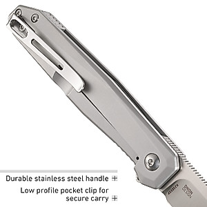 CRKT Facet EDC Folding Knife: Everyday Carry Assisted Open, D2 Satin Blade, Frame Lock, Stainless Steel Handle with Deep Carry Pocket Clip K230XXP, Silver