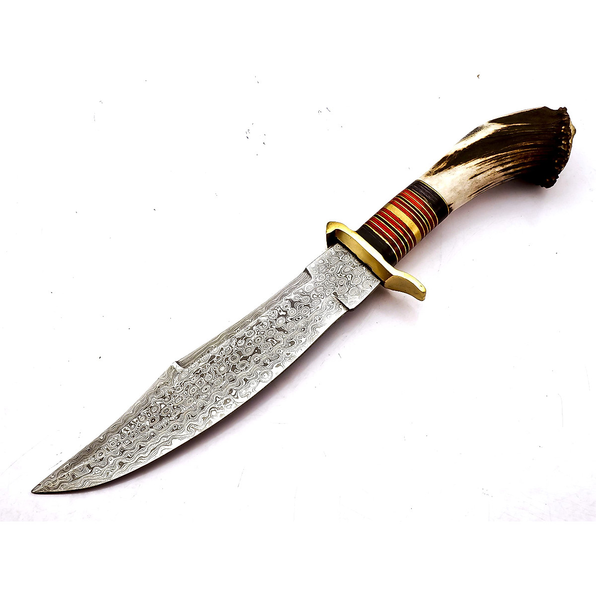 Skokie Knives Custom Hand Made Damascus Steel Hunting Knife Handle Stag Antler With Brass Spacer
