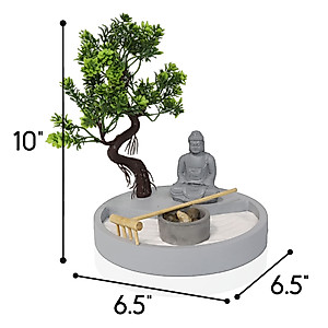 Round Shape, Zen Garden Tealight Candle Holder with a Mini Buddha Statue and a Bonsai Tree - A Perfect Japanese Art for Relaxation and Meditation - Free Your Mind with Our Mini Zen Garden Decor, Gray