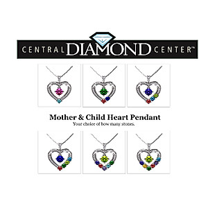 Central Diamond Center Mother & Child Heart Birthstone Necklace 1-6 Stones w/ 22" Adj. Box Chain -Silver Platinum Plated