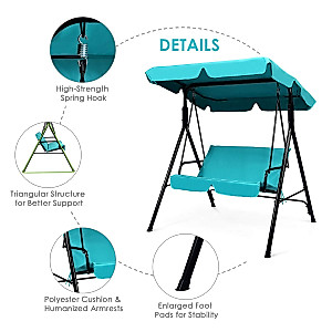 Tangkula 2 Person Porch Swing, Outdoor Swing with Removable Cushions, Solid Steel Structure, Patio Swing with Adjustable Canopy for Porch, Backyard, Garden, Balcony Turquoise