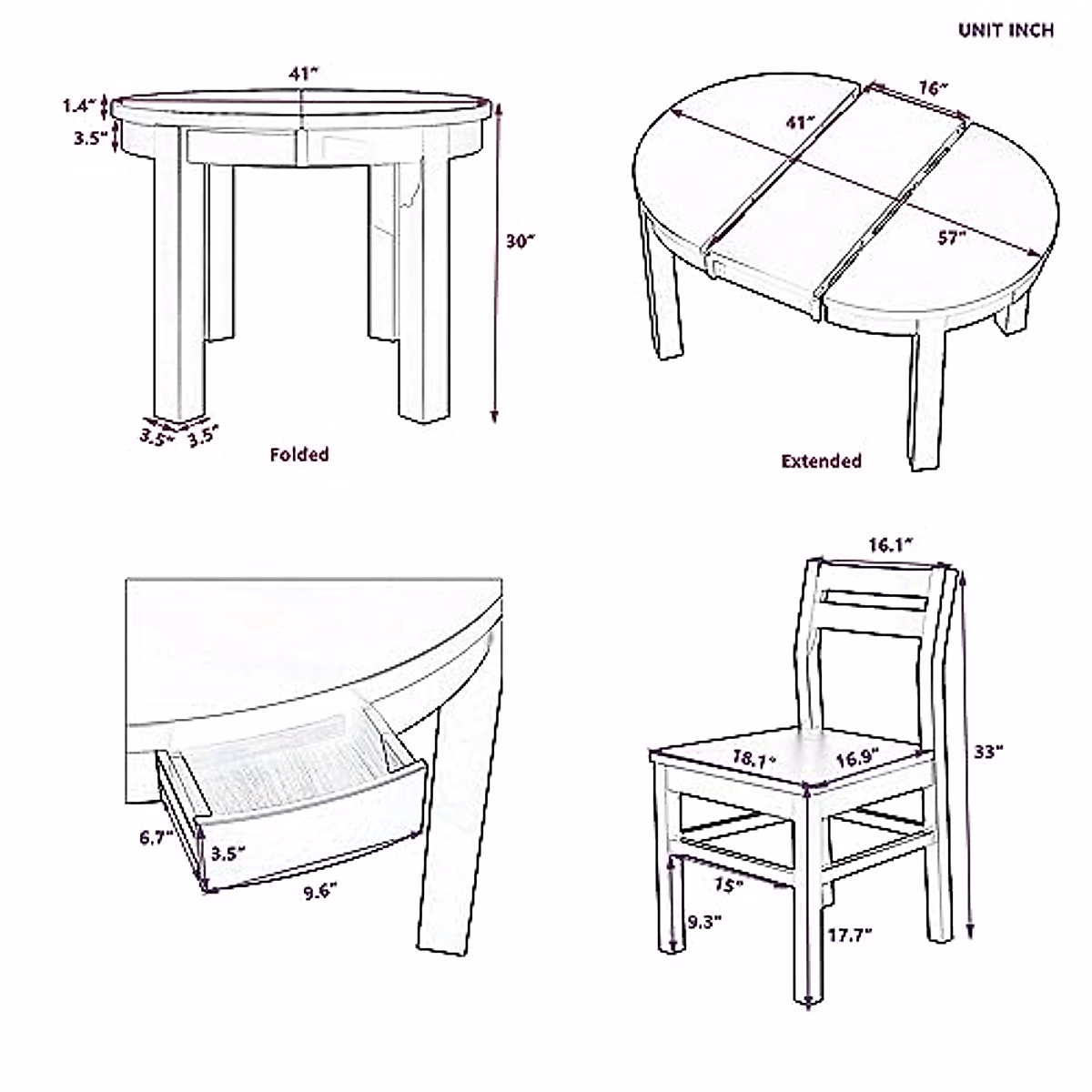 Dinehome 5 Piece Extendable Round Dining Table Set for 4-6 with Storage Drawers and Four Chairs,16" Removable Leaf, Espresso