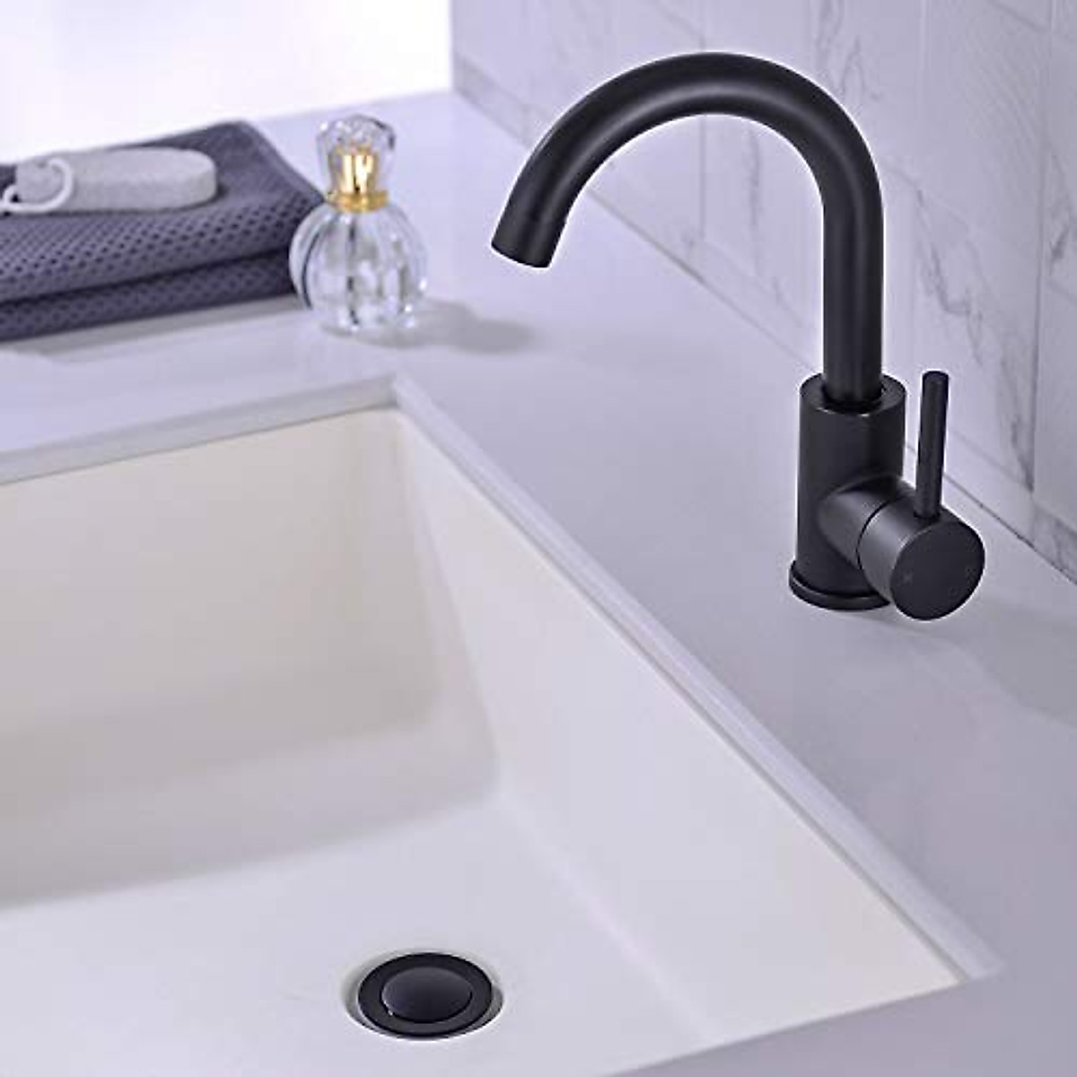 Anpean Single Handle Bathroom Sink Faucet 1-Hole with Pop-Up Drain and Water Supply Lines, Matte Black