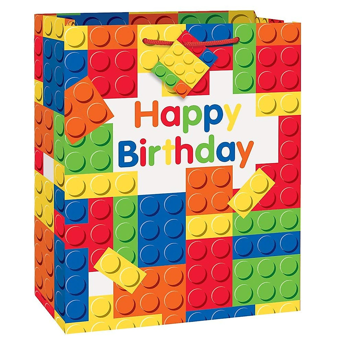 Unique Building Blocks Birthday Party Paper Gift Bag, 10" x 12", Multicolor
