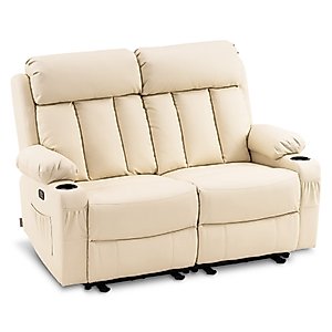 MCombo 61" Power Loveseat Recliner, Electric Reclining Loveseat Sofa with Heat and Vibration, Cup Holders, USB Charge Port for Living Room Faux Leather 6075 (Cream White, Loveseat Recliner)