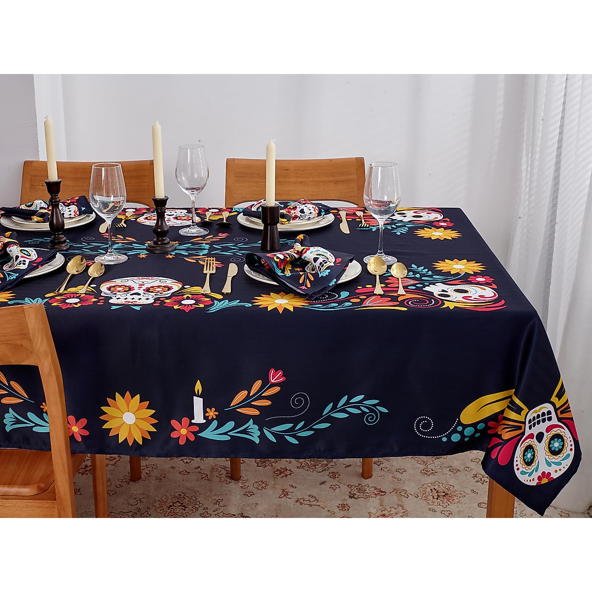 YiHomer Day of The Dead Halloween Tabletop - Dia De Los Muertos Floral Skeleton Mask, Cinco De Mayo Mexican Fiesta Party Home Kitchen Dining Room Decor, Sugar Skull, Tablecloth, 52 x 52 Square