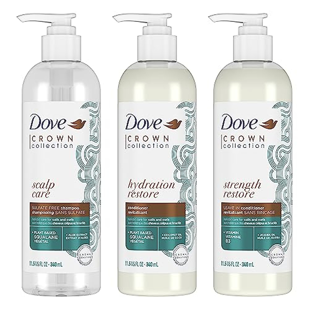 Dove Amplified Textures Shampoo, Conditioner, Leave-In Conditioner with Coconut Milk, Aloe, and Jojoba 3 Count for Coils, Curls and Waves and Moisture Amplifying Hair Care Blend 11.5 oz