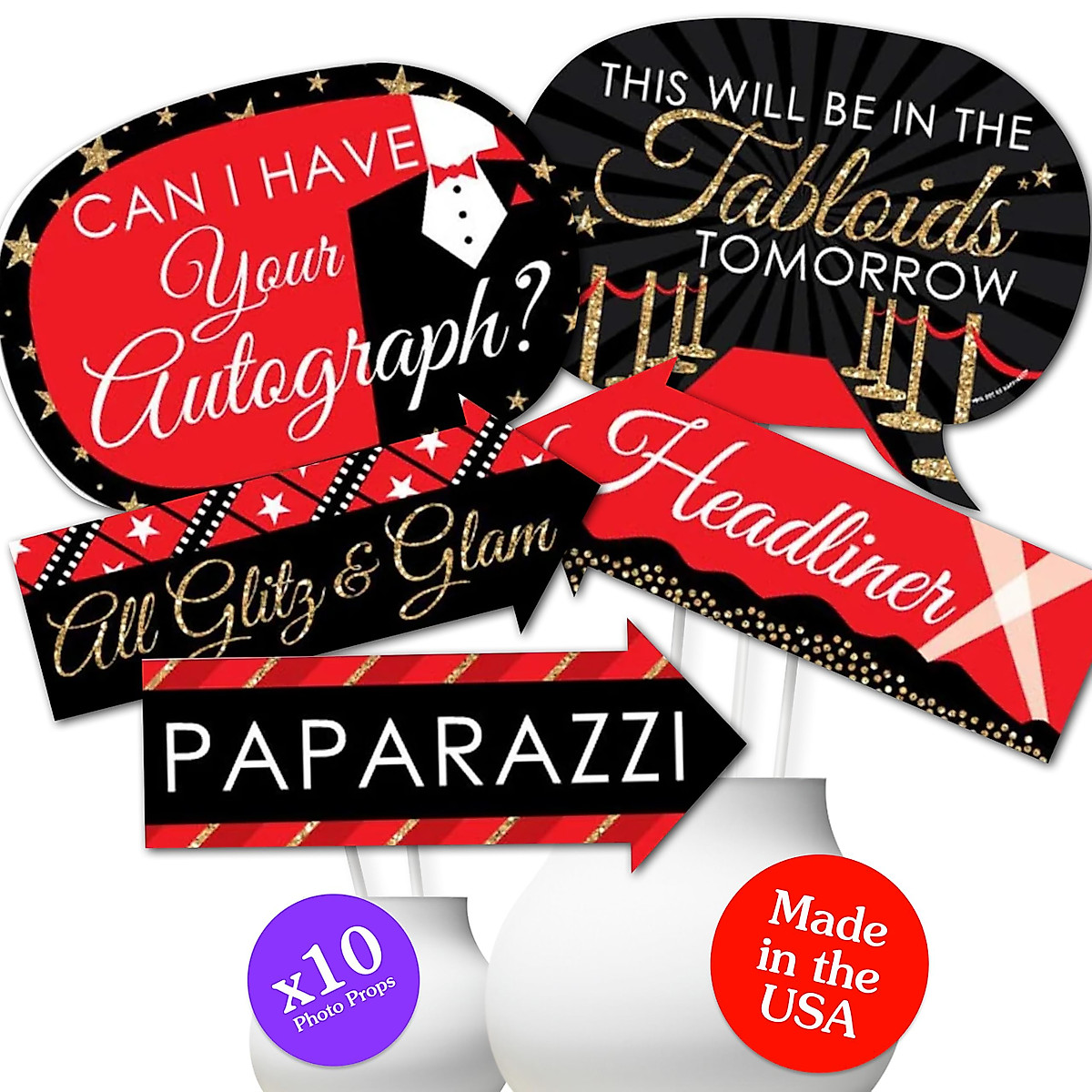 Big Dot of Happiness Funny Red Carpet Hollywood Photo Booth Props - Movie Night Party Supplies, Prom & Awards Show Decorations, Funny Photobooth Props Kit - 10 Ct