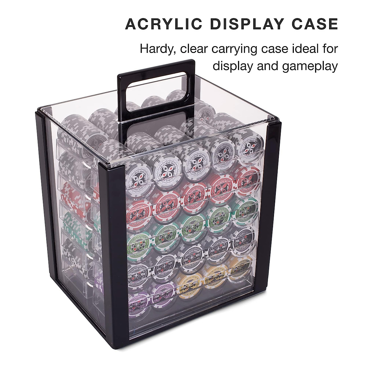 Brybelly Poker Chips 1000 Chips Set with Acrylic Case - Heavyweight 14g Poker Chips Set with 10 Removable Trays and 11" x 12" x 15" Portable Case - 8 Stripe Textured Inlay Casino Chips