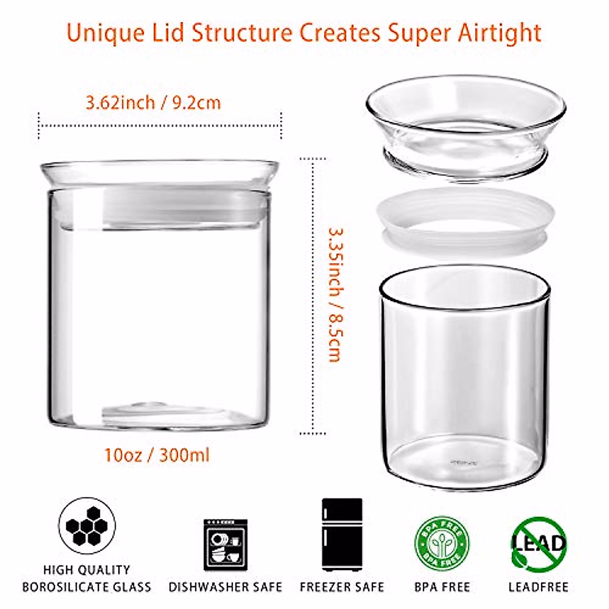 ZENS Glass Canister Set, Airtight Kitchen Canisters Jars of 4 with Glass Lids,10oz Fluid Ounce Empty Storage Jar Containers for Spice or Herbs