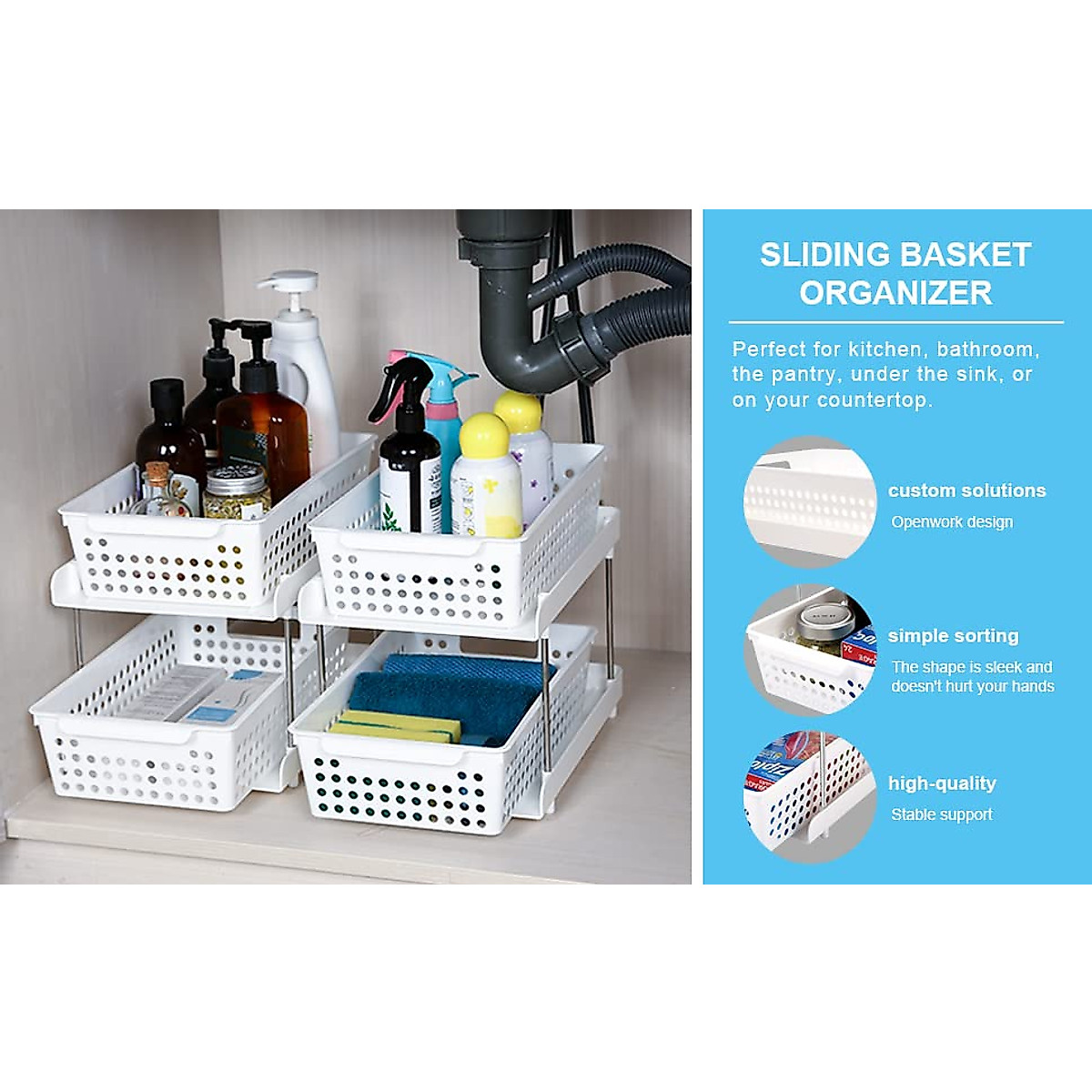Aupmeka Kitchen Organizer 2 Tier Under Sink Storage and Organizer for Pantry, Cabinet, Cupboard, Fridge- Bathroom Sink Pull-Out Drawer Organizer