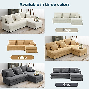 Merax 87" L-Shaped 4-seat Corduroy Sofa with Reversible Chaise, Convertible Sleeper Couch with Pillows, Modern Upholstered Sectional Indoor Furniture for Living Room,Apartment, Gray