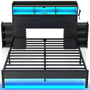 Rolanstar Bed Frame Queen Size with Bookcase Storage Headboard, Slide Out Bedside Storage, Bed with Charging Station & LED Lights, Heavy Duty Metal Slats, No Box Spring Needed, Noise Free, Black