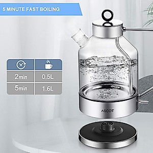 Electric Kettle, ASCOT Electric Tea Kettle 1.5L Glass Electric Kettle, Stainless Steel, BPA-Free, Cordless, Automatic Shutoff, Boil-Dry Protection (Silver)