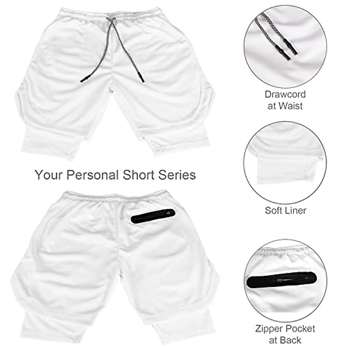 Ouber Men's 2-in-1 Running Shorts 7" Workout Training Jersey Short (White,XL)
