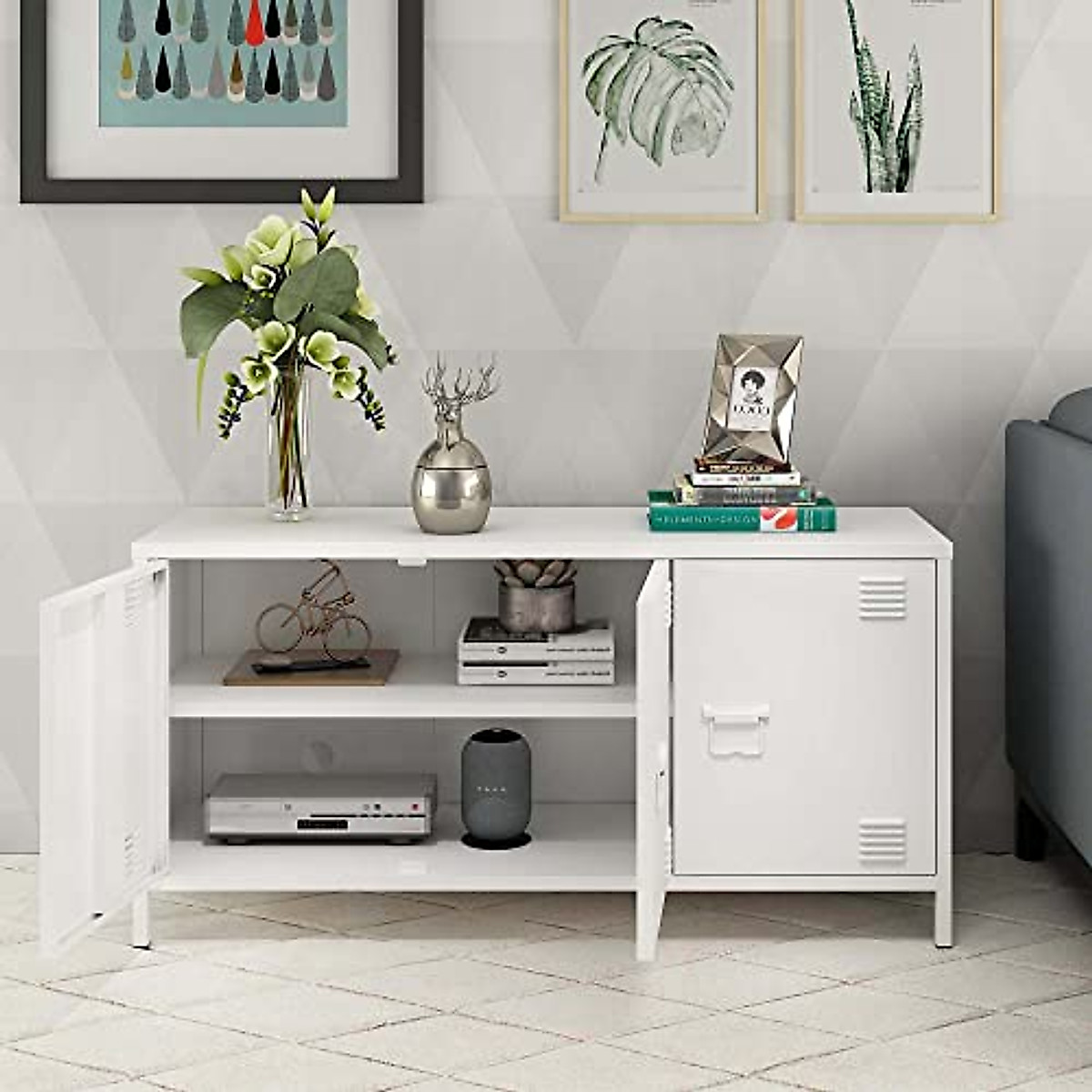 MIOCASA 3 Door Metal Locker TV Cabinet with Shelf Industrial Steel Storage Cabinet TV Stand Entertainment Media Console Table for Living Room,Bedroom, Garage, Office (White)