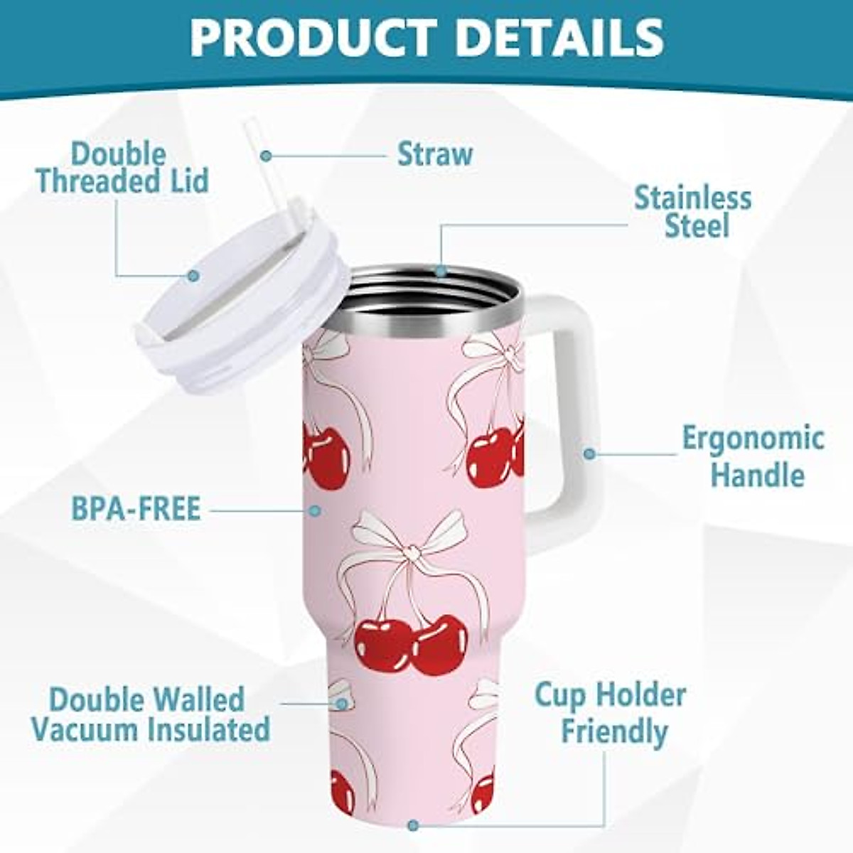 OTVEE 30oz Cherry Bow Tie Ribbon Tumbler with Handle and Straw, Double Wall Vacuum Reusable Stainless Steel Insulated Water Bottle Travel Mug Cup for Hot and Cold Drinks