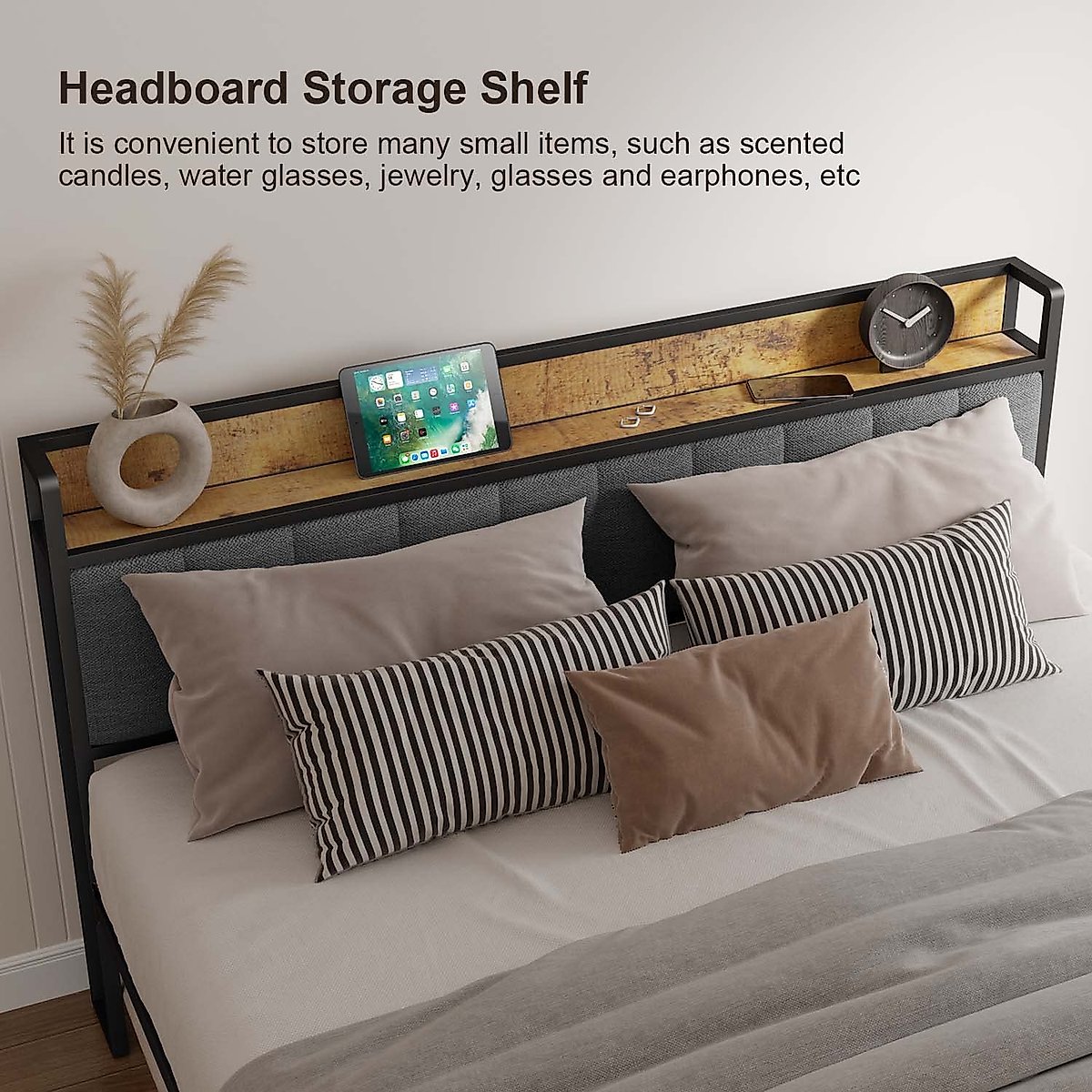 Gizoon Full Platform Bed Frame, Metal Bed Frame with Storage Headboard, Sturdy and Stable, Noise Free, No Box Spring Needed, Easy Assembly