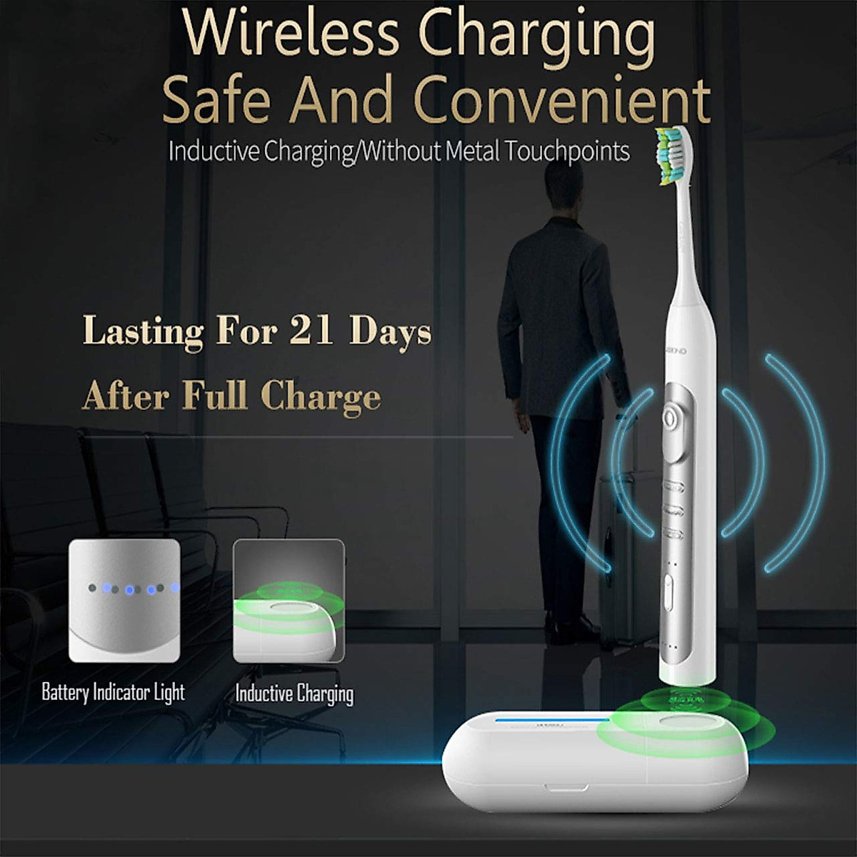 Sonic Electric Toothbrushes with Charging Case & Travel Case, LEBOND USB Inductive Rechargeable Electric Toothbrush with 3 Modes, Smart Timer and 2 Replacement Heads for Kids and Adults