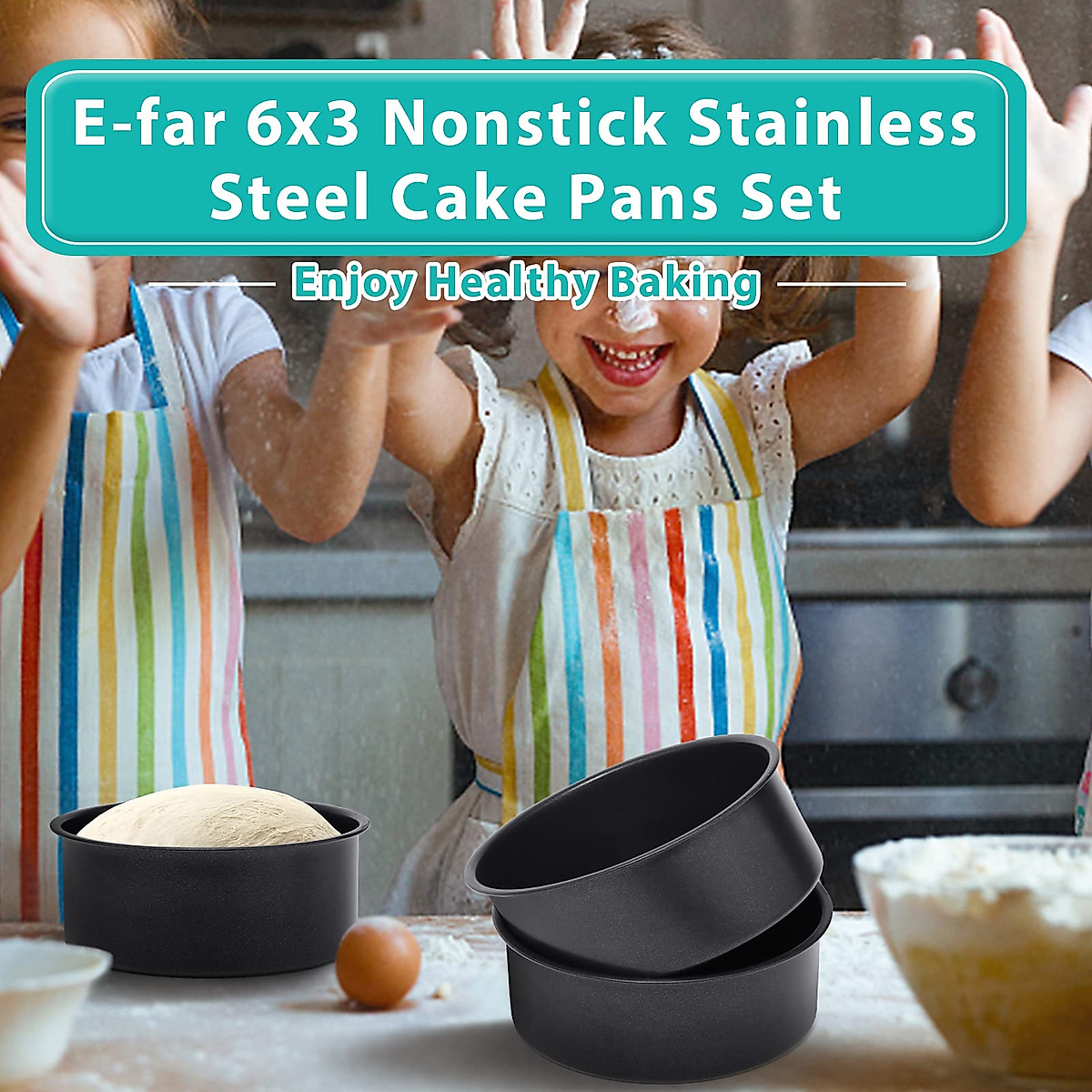 E-far 6 x 3 Inch Cake Pan Set of 3, Deep Stainless Steel Small Round Cake Pans Tin for Baking Birthday Wedding Layer Cakes, Stainless Steel Core & Non-toxic Nonstick Coating, Deep & Straight Side