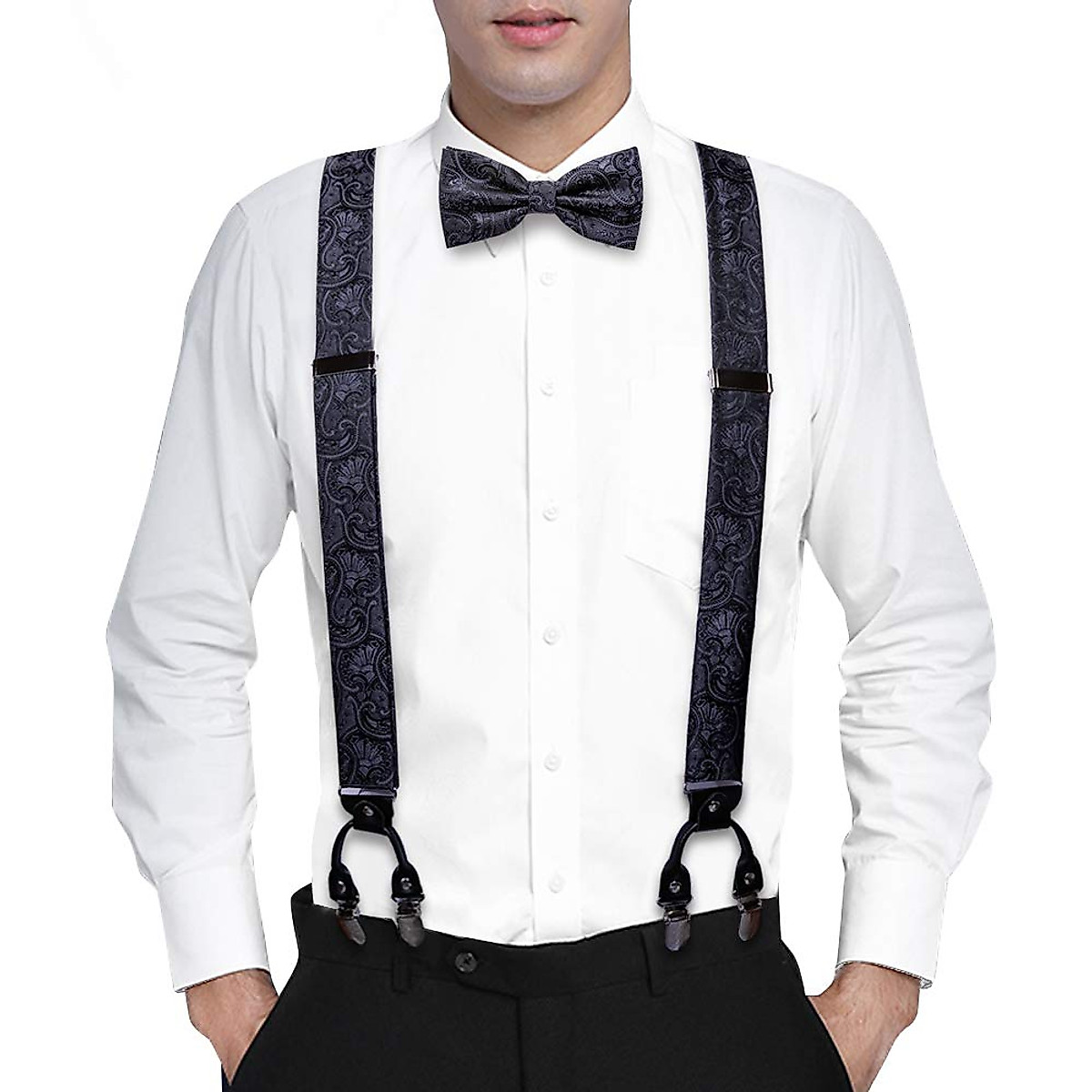 Barry.Wang Men Black Paisley Suspender and Bow Tie Set Y Shape Heavy Duty 6 Clips Braces