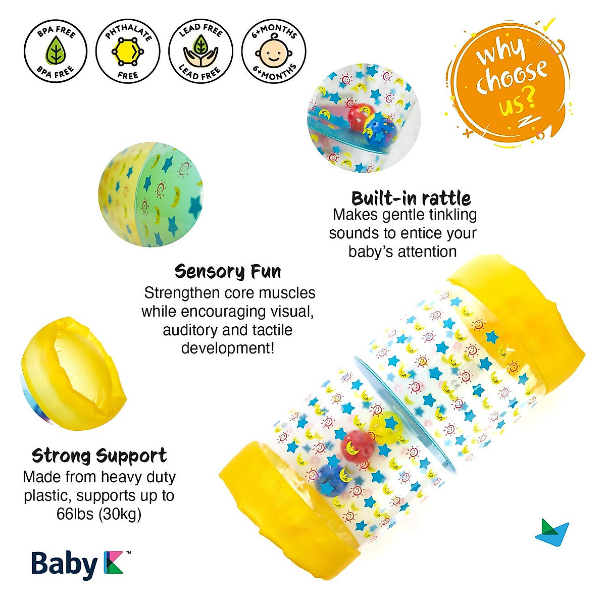 BABY K Inflatable Baby Roller Toy (Yellow) - Tummy Time Toys for Babies 0-6 Months - Baby Crawling Toys for Babies 6-12 Months- Early Development Crawling Fitness Baby Toys - Baby Exercise Toys